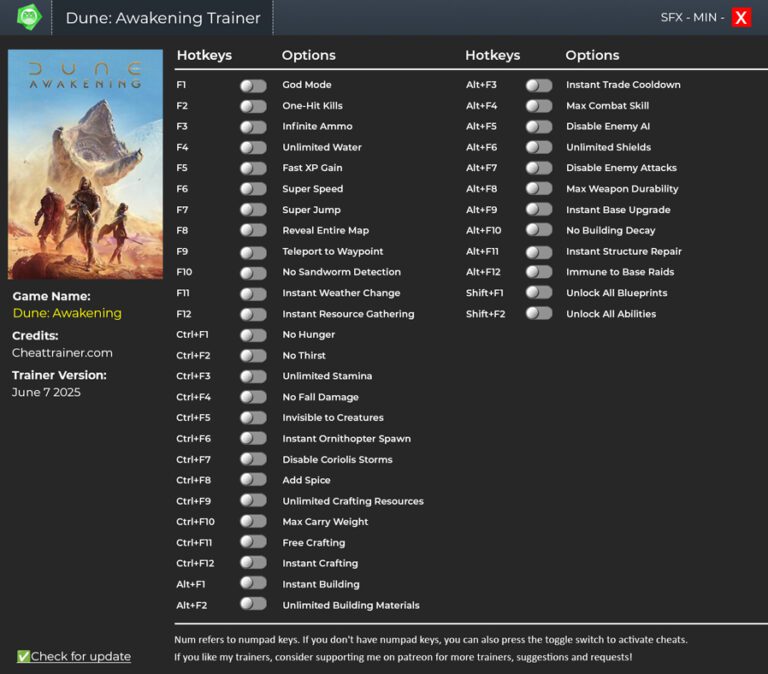 Dune Awakening Trainer Cheats +38 - God Mode, Infinite Ammo, Fast XP ...